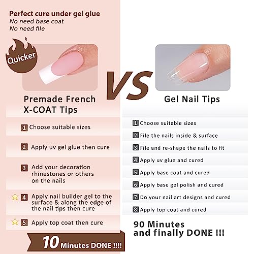 BTArtboxnails French Gel Nail Tips -150Pcs French Tip Press on Nails Pink Long Square 3 in 1 X-coat Tips Pre-applied Tip Primer & Base Coat, No Need to File Fake Nails for Nail Art DIY 15 Sizes
