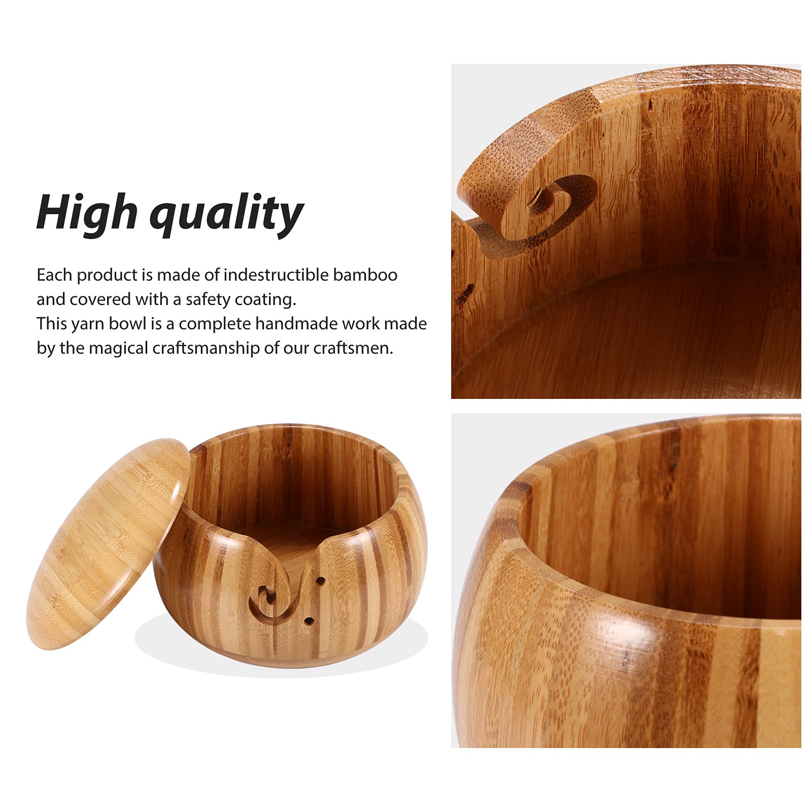 Bamboo Yarn Bowl, Handmade Knitting Yarn Storage Bowl with Removable Lid and Holes, Large Size Knitting Bowl Wool Holder Carbonized Bowl Box for Crochet Knitting Home Decor