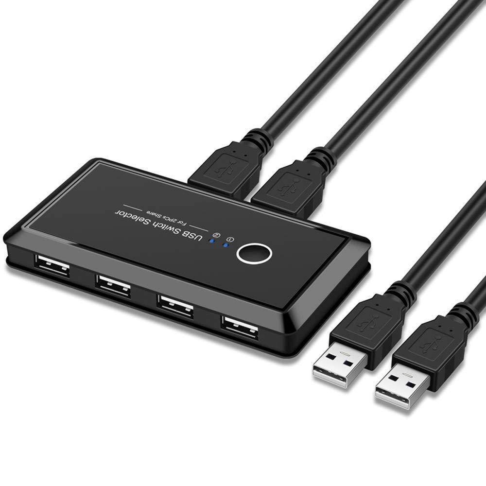 Amtake USB Switch Selector, USB 2.0 KVM Switch for 2 Computers Sharing 4 USB Devices Peripheral Switcher Hub for Mouse, Keyboard, Scanner, Printer with One-Button Swapping and 2 Pack USB A to A Cable