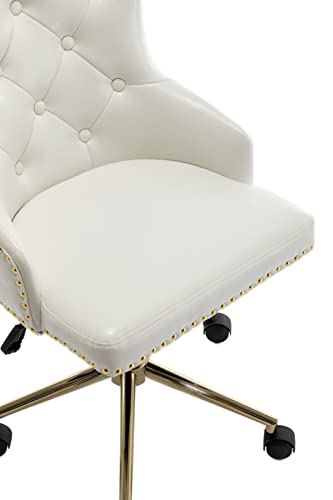 BTEXPERT White PU Leather Golden Base Home Adjustable Tufted Leisure Gold Nail Head Trim Upholstery Bedroom Study Desk Task Accent Arm Tilt Office Chair