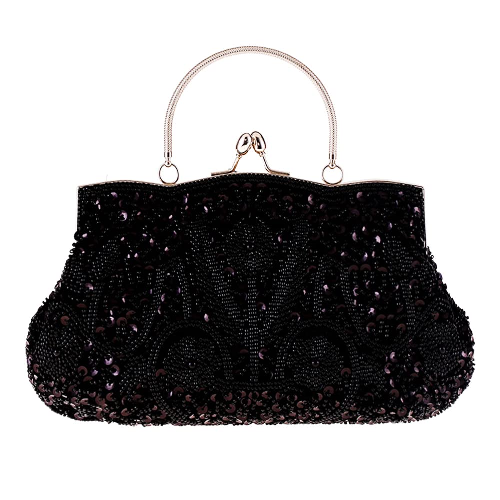Gionforsy 1920s Flapper Handbag Evening Clutch Bag for Wedding Cocktail Dance Party Roaring 20s Gastby Beaded Bag (Style2-Black)