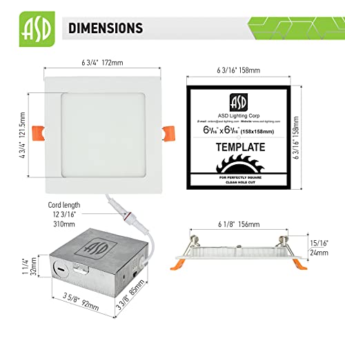ASD Ultra Thin Square LED Recessed Lighting 6 Inch, 3000K-4000K-5000K Color Temperature Options, 12W 840Lm Dimmable LED Downlight, Canless LED Recessed Light, IC & Damp Rated,ETL,Energy Star (6-Pack)