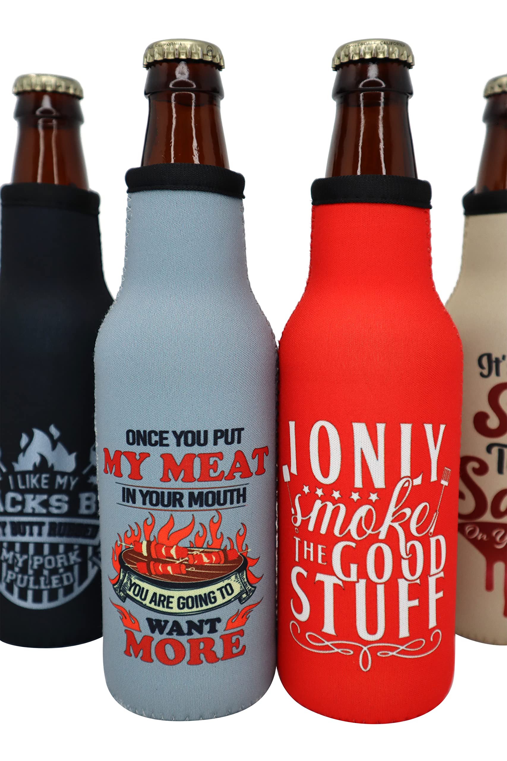 BBQ Smoker Bottle Coolies - Barbecue Meat Smoking Gift for Dad,Useful Gifts for Men Who Have Everything,Bottle Cooler Insulator Sleeve w Zipper,Built-In Removable Opener,Insulated 12 oz. Bottle Coolie