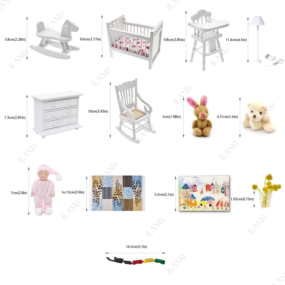 iLAND Miniature Dollhouse Furniture and Accessories for Dollhouse Nursery on 1/12 Scale (Lovely 14pcs)