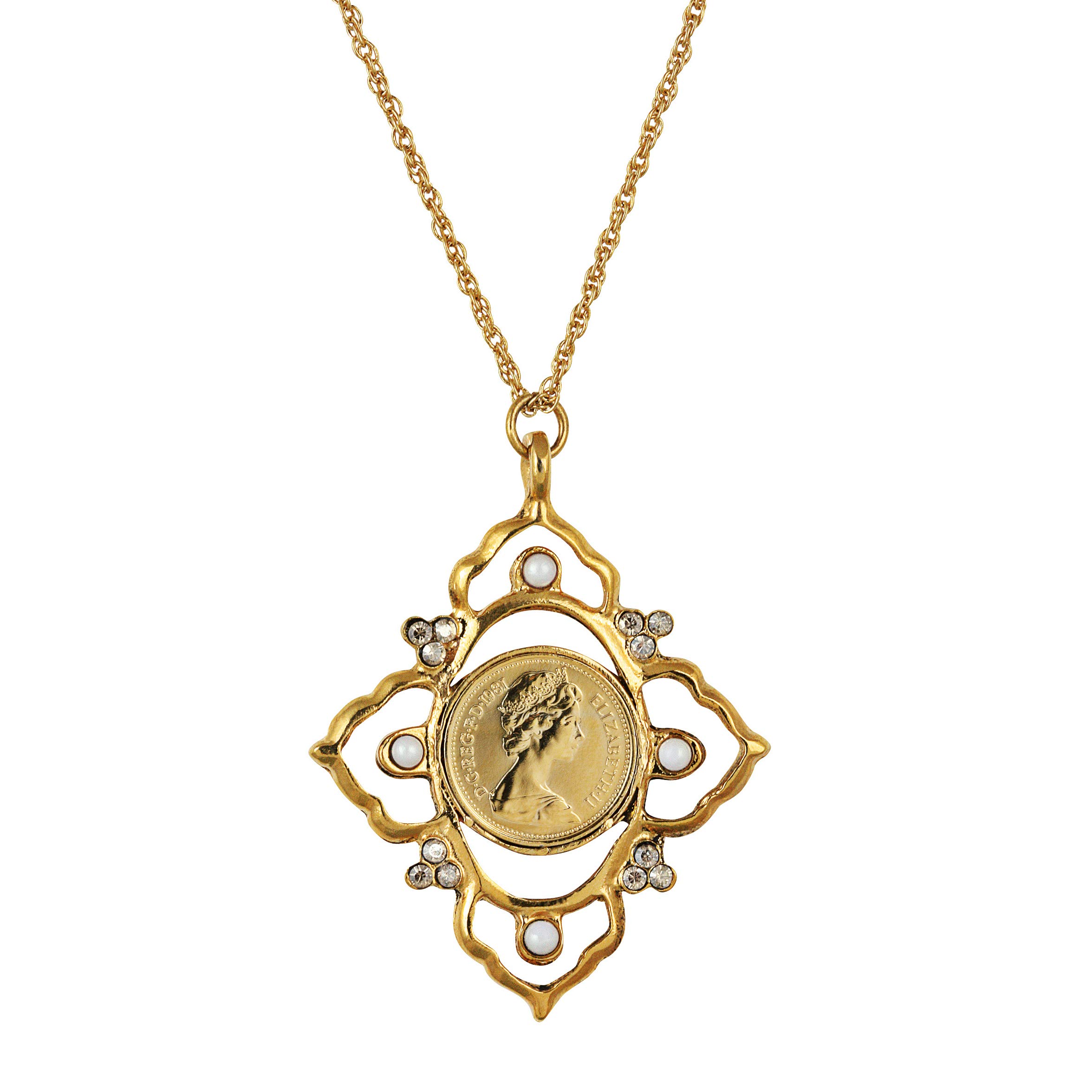 American Coin Treasures Pendant Necklace with Queen Elizabeth II 1/2 New Penny Great Britain Coin | Victorian Style Goldtone | 21 Inch Rope Chain with Lobster Claw Clasp | Certificate of Authenticity