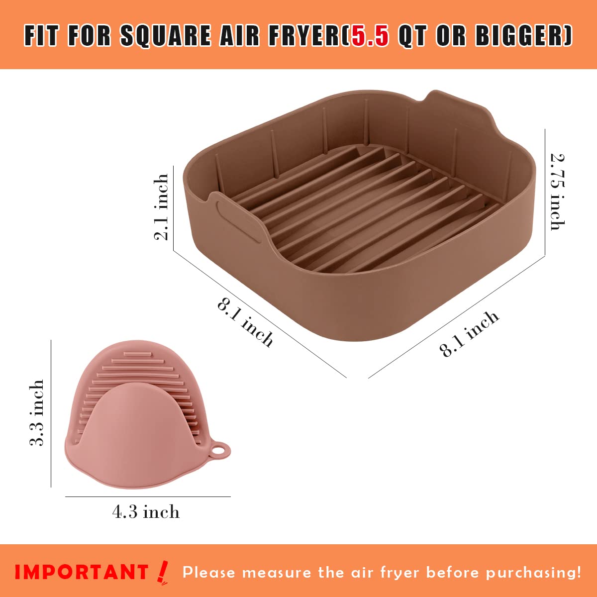Air Fryer Silicone Pot - Silicone Air Fryer Reusable Liners for 5.5 QT or Bigger Square, Food Safe Reusable Air Fryer Silicone Basket,Easy Cleaning Air Fryer Pan with Heat-proof Gloves (Brown)