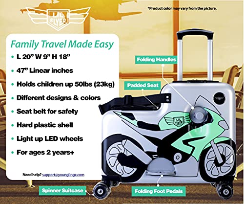 Younglingz Lil Flyer 20" kid ride on suitcase child stroller spinner luggage (Green Motorcycle)