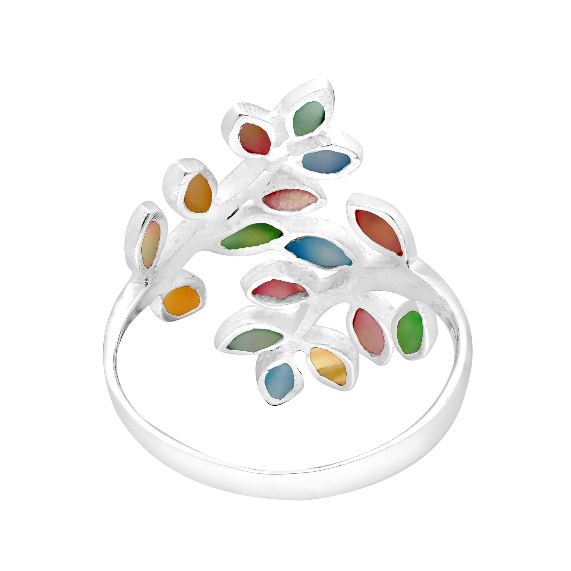 AeraVida Peaceful Olive Branch Sterling Silver Multi Colored Mother of Pearl Inlay Wrap Ring (9)