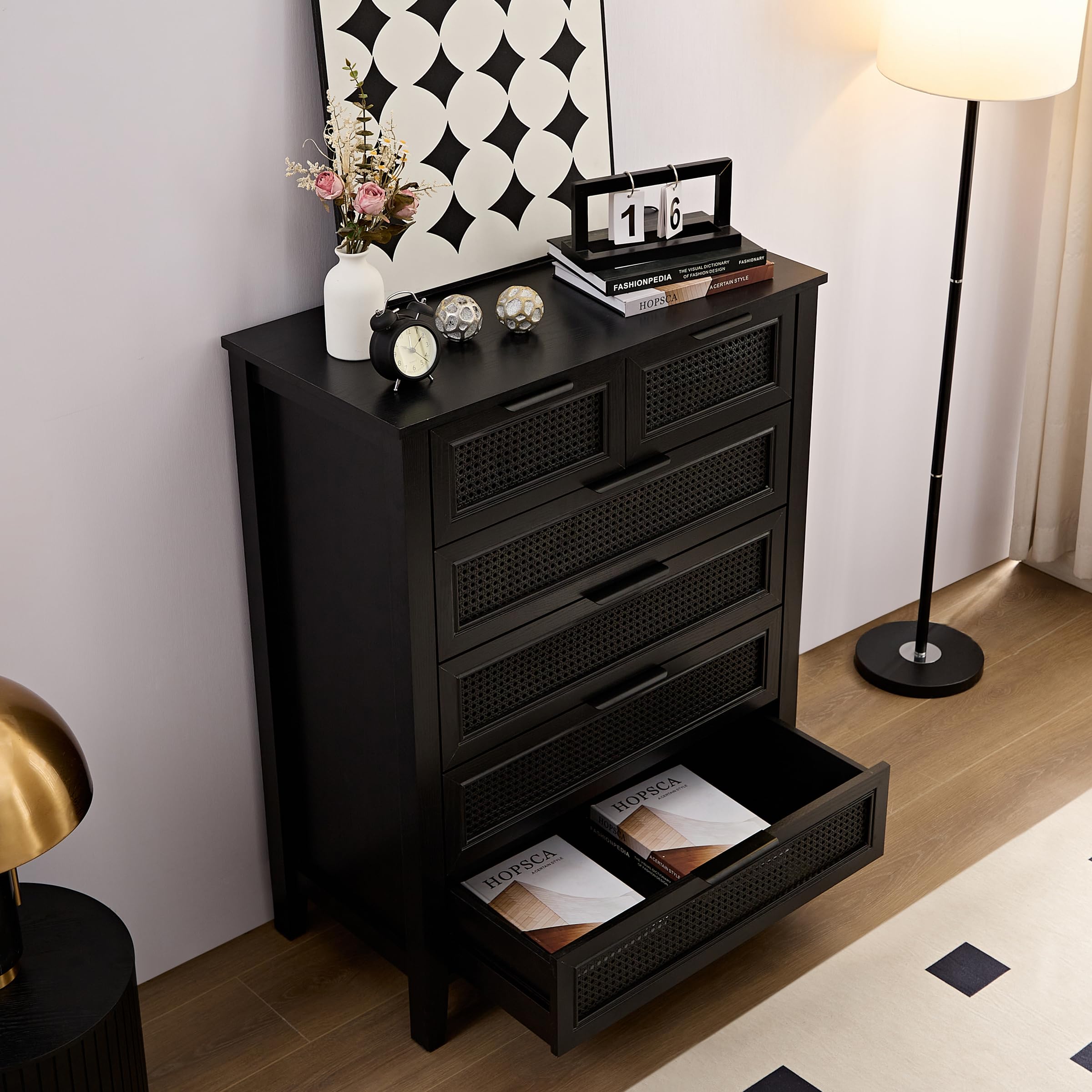 BOSHIRO Dresser for Bedroom, 6 Chests of Drawers, Rattan Drawer Dresser, Boho Dresser, Tall Dresser Modern 6 Drawer Dresser, Black Dresser for Closet, Home Office