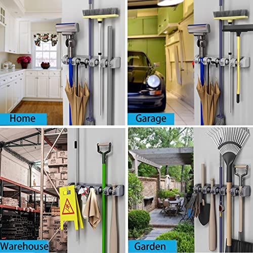 YouOKLight Broom holder wall mount, mop and broom hanger wall mount garden tool organizers storage rack, broom organizer mop holder hanger. For Home Garden Garage And Storage, 5 Slots, 6 Hooks, Grey.