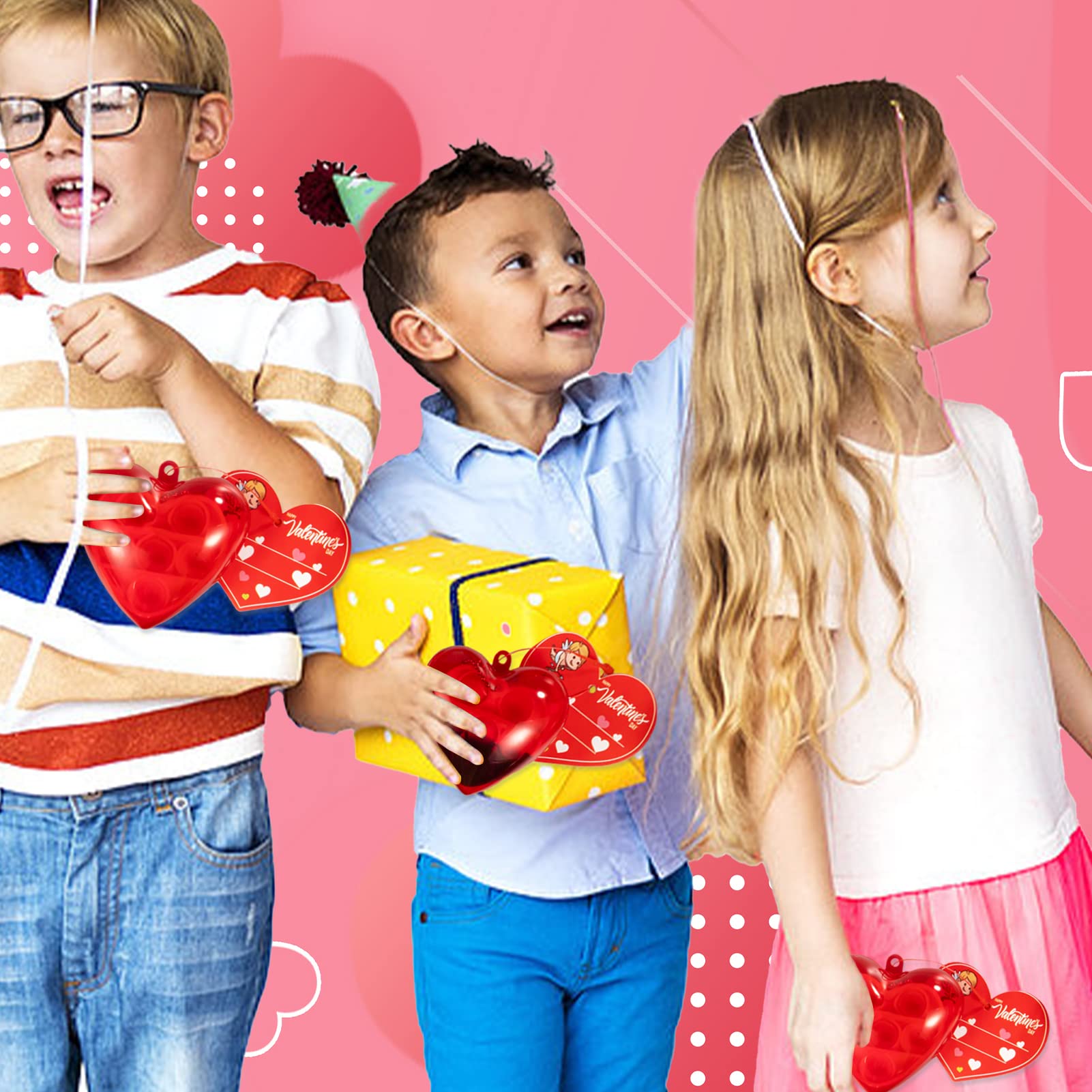 Kids Valentines Gifts Mini Pop Set - 12 Pack Valentine's Day Heart Boxes with Fidget Keychains and Gift Cards for Kids School Class Exchange Gifts Valentines Party Favors