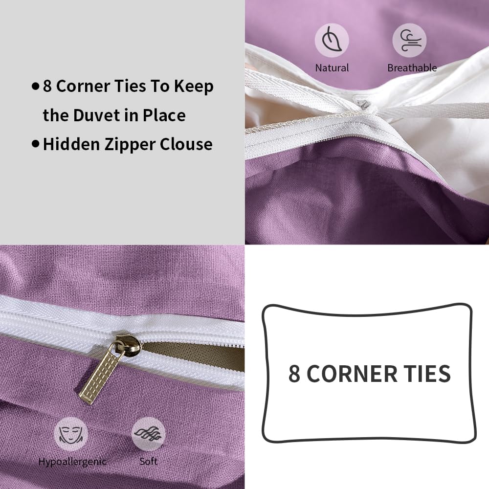 TUMEI 100% Linen Duvet Cover Set - Queen Size 3 Pieces Pure Linen Bedding Queen Comforter Cover Set Soft Breathable Durable Comforter Set 1 Duvet Cover and 2 Pillow Covers,Queen Size Basic Lilac