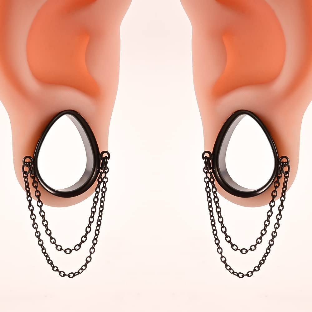 Atomhole 2PCS Cute Teardrop Ear Gauges with Chains Hypoallergenic 316 Stainless Steel Plugs for Ears Tunnels Piercing Expander Stretchers Body Jewelry (16mm(5/8"), Black)