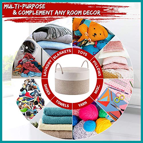 MINTWOOD Design Extra Large 22 x 14 Inches Cotton Rope Blanket Basket Living Room, Woven Laundry Basket, Toy Storage Baskets Bin, Decorative Round Pillow Towel Basket with Handles