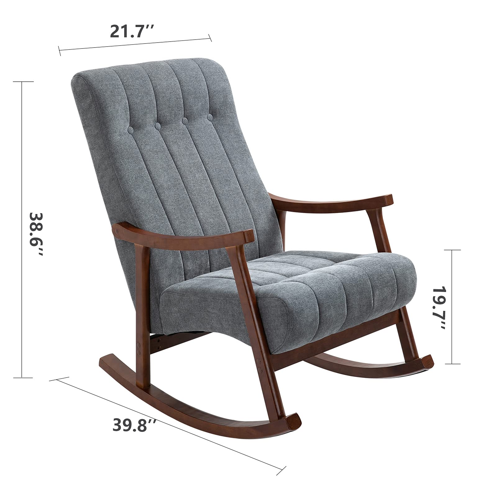 AVAWING Upholstered Rocking Chair with Fabric Padded Seat,Comfortable Rocker Solid Wood for Living Room,Modern High Back Armchair,Adult Single Sofa,Old Man Chair (Dark Grey)