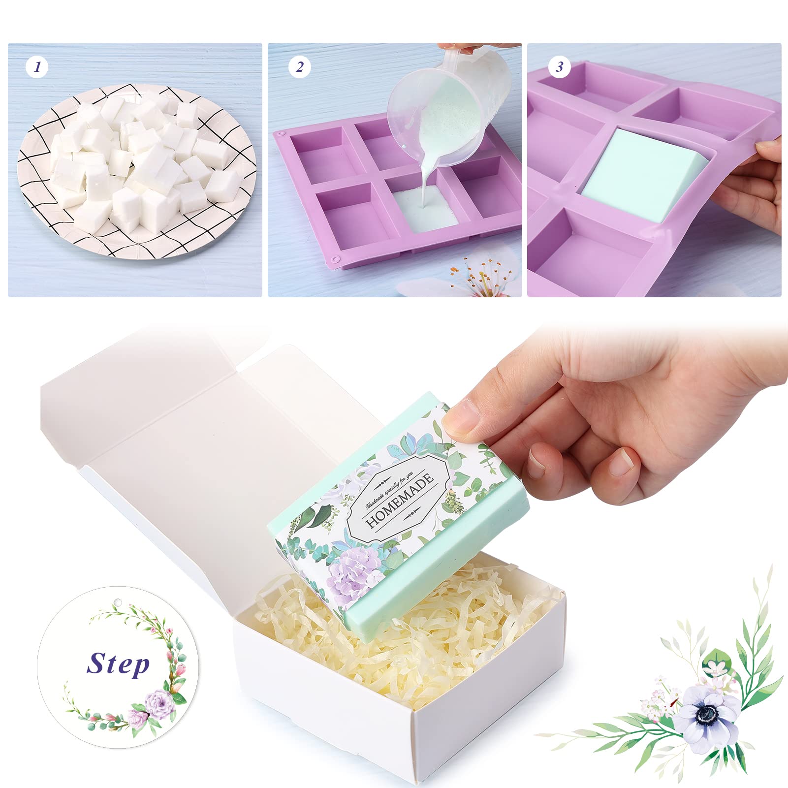 Aoibrloy Soap Kits Making for Adults Beginner with Instructions, Natural Soap Making Kit with 1.1 lbs. Shea Butter Soap Base, 3 Silicone Soap Mold, Dried Flowers, 4 Essential Oil, 4 Colors, 15 Labels