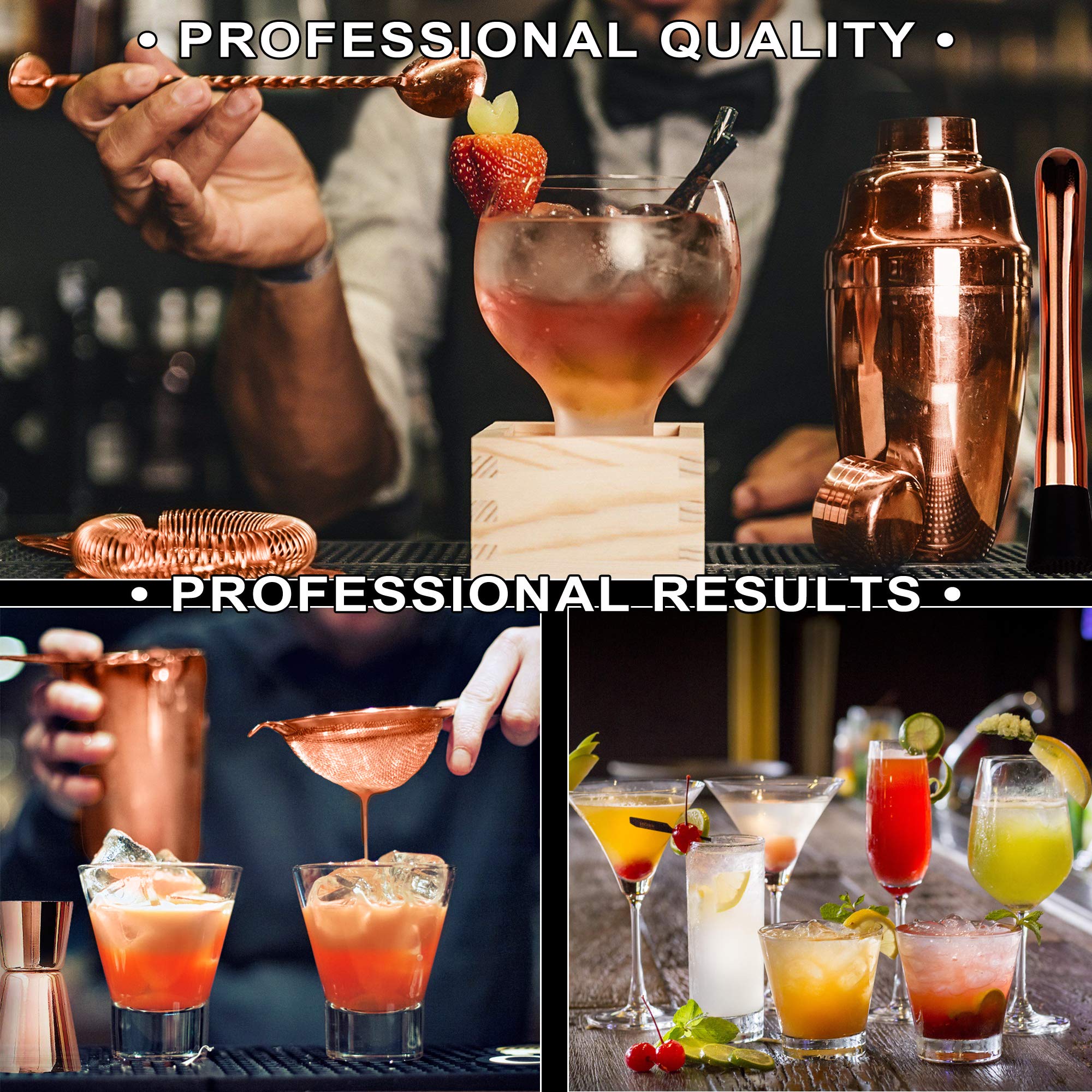 Bartender Kit, Rose Copper Cocktail Shaker set, 11-Piece Set, 24oz Martini Mixer, Muddler, Double Jigger, 2 Liquor Pourers, Mixing Spoon, Ice Tong, Strainer Set, Beer and wine opener with Bamboo Stand