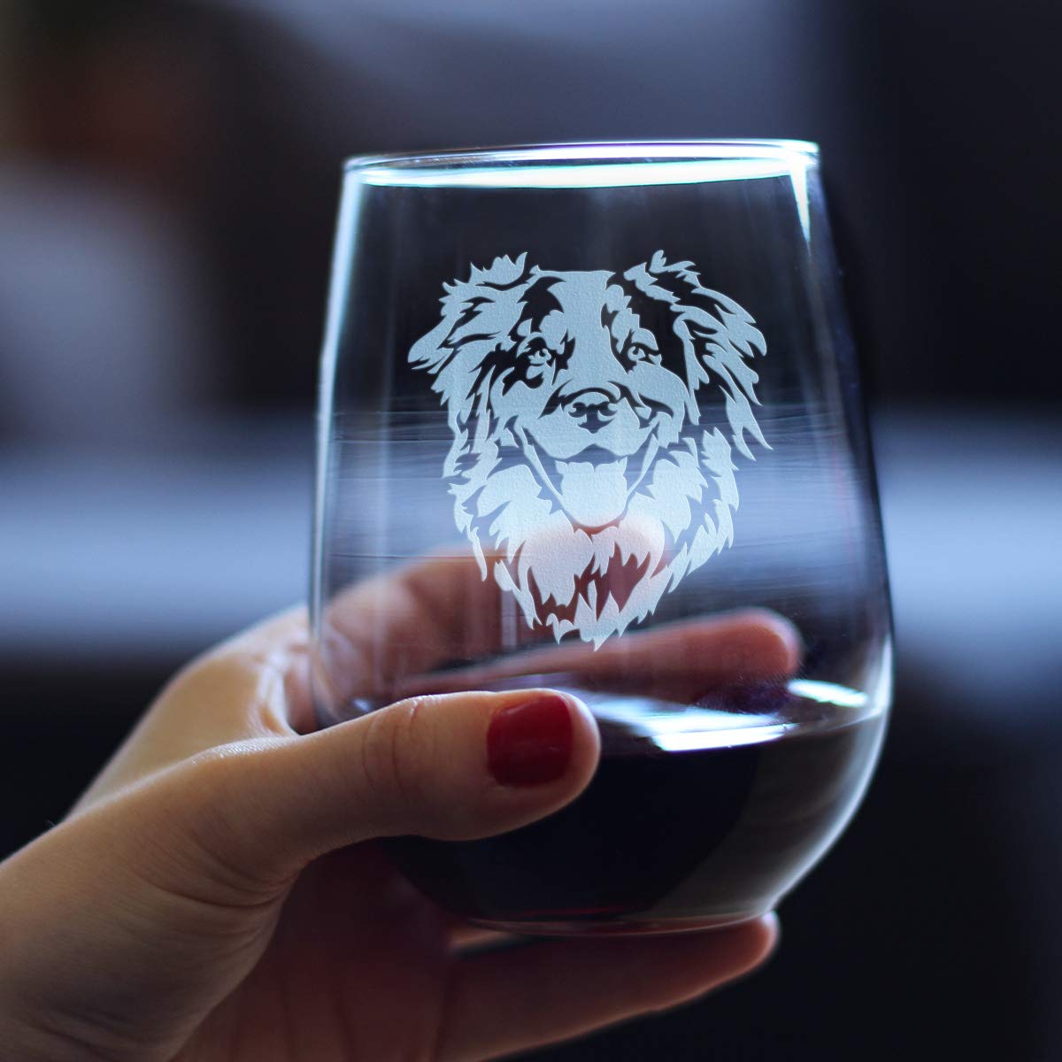 Australian Shepherd Face - Stemless Wine Glass - Unique Dog Themed Decor and Gifts for Lovers of Aussies - Large 17 Ounce