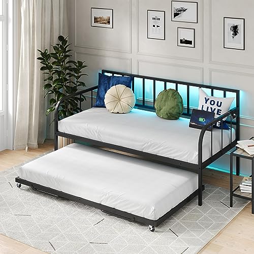 CollaredEagle Daybed with Trundle, Adjustable Sofa Bed Frame with Charging Station, Metal Twin Daybed with LED Lights for Living Room, Bedroom and Guest Room, Black