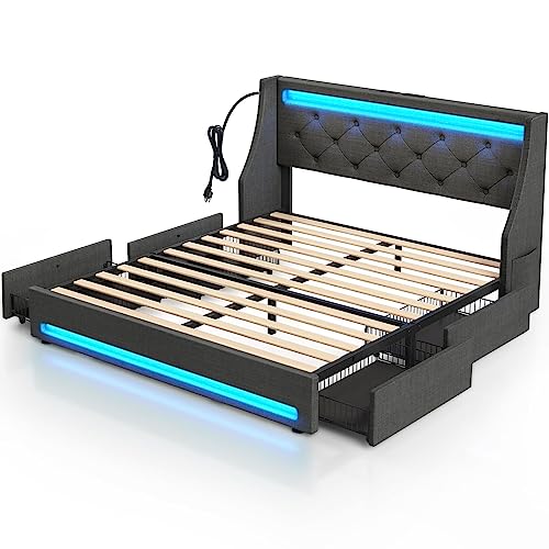 Rolanstar Queen Bed Frame with 4 Storage Drawers, Charging Station and LED Lights, Upholstered Platform Bed with Heavy Duty Wooden Slats, No Box Spring Needed, Noise Free, Easy Assembly, Dark Gray
