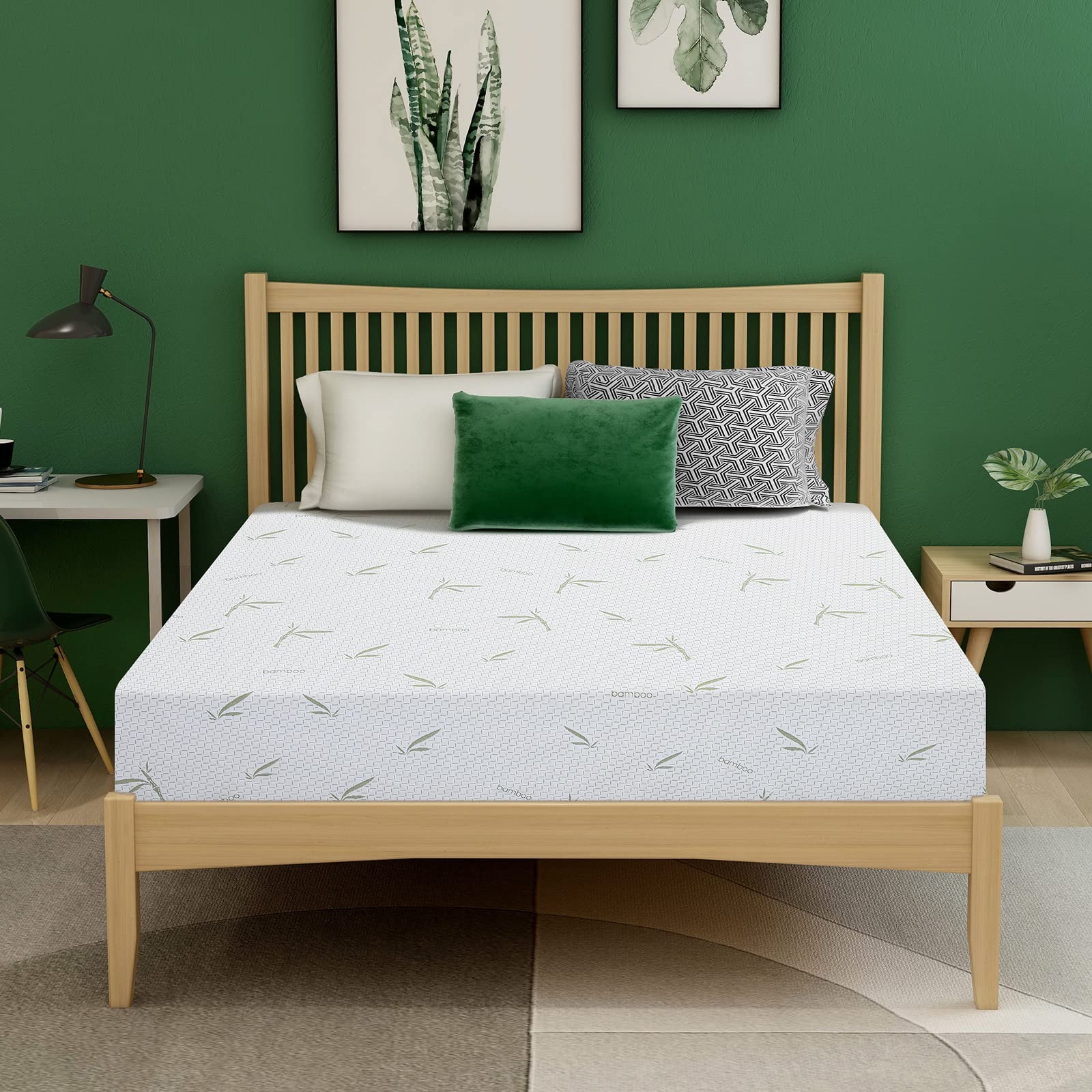 Airdown Queen Mattress, 10 Inch Memory Foam Mattress in a Box with Breathable Bamboo Cover, Medium Firm Green Tea Gel Mattress for Pressure Relieving, CertiPUR-US Certified, Made in USA White