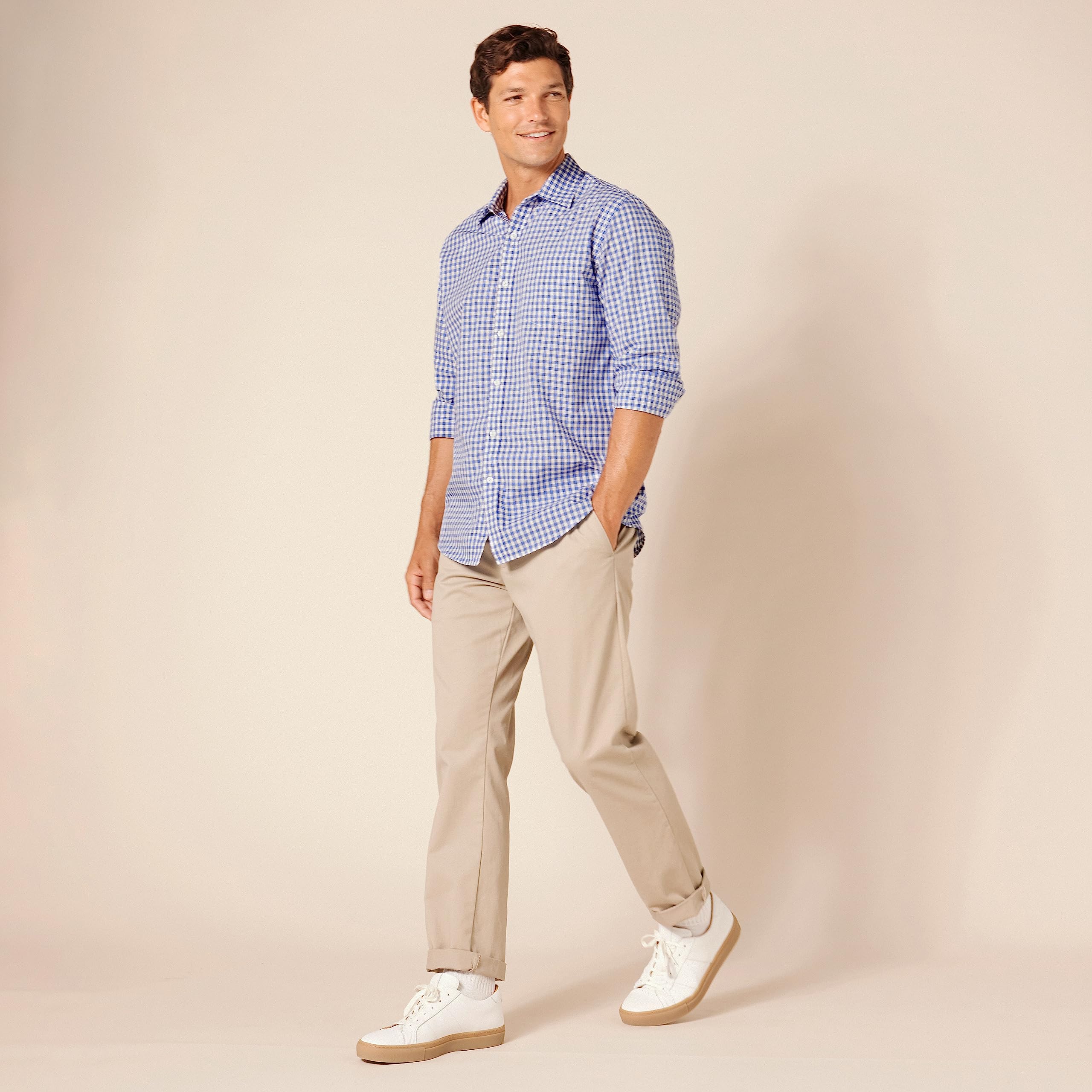 Amazon Essentials Men's Regular-Fit Long-Sleeve Casual Poplin Shirt, Blue White Checked, X-Large