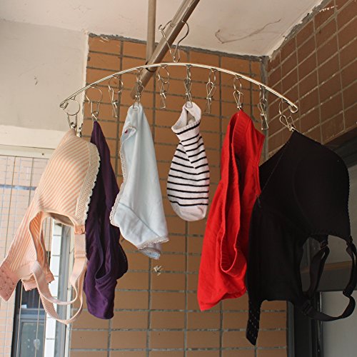 Z ZICOME 2 Pack Stainless Steel Hanging Drying Rack Clothes Hanger with 10 Clips for Drying Small Items, Socks, Underwear, Diapers, Bras, Baby Clothes, Towels, Face Masks, Gloves