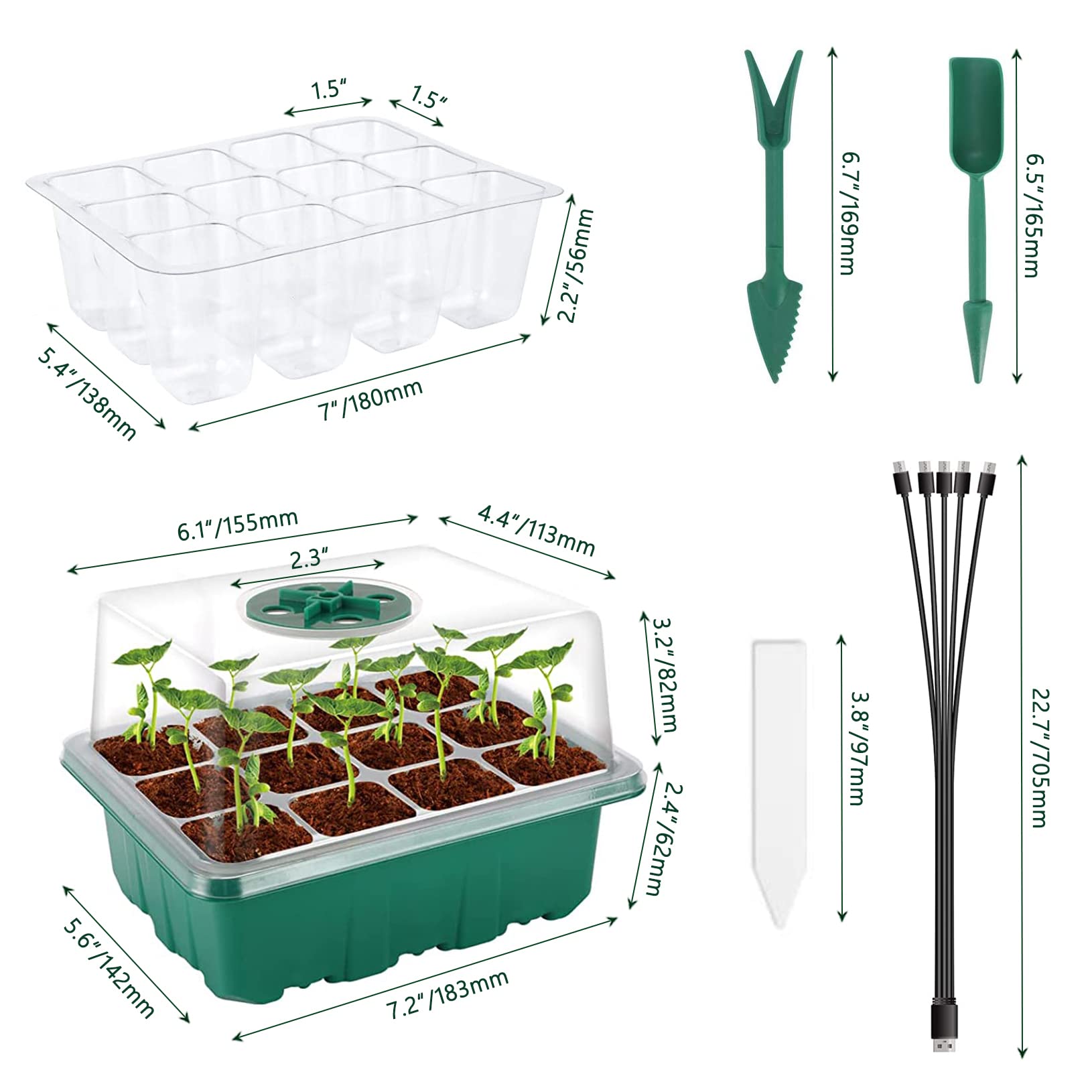ANTUGLBAR Seed Starter Tray with Grow Light 5 Packs Seedling Starter Trays, Seed Starting Trays Kit High Humidity Dome Indoor Gardening Plant Germination Trays 60 Cells