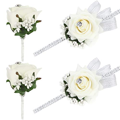 FAYBOX Wedding Prom Velvet Rose Rhinestone Corsage and Boutonniere Set With Silvery Ribbon Stretch Bracelet (Ivory*2)