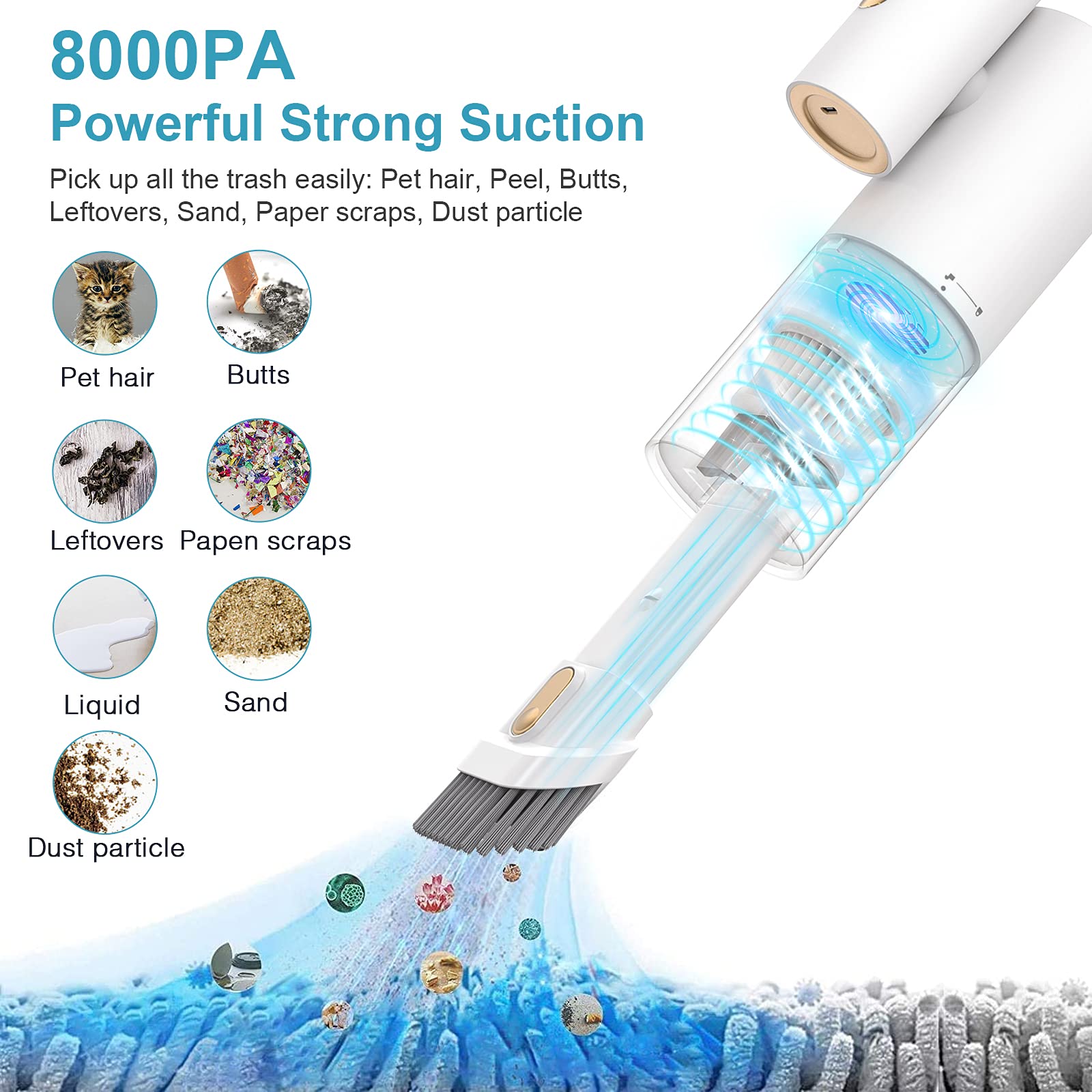 Handheld Vacuum, Mini Vacuum, Hand Vacuum Dust Buster with 8000Pa Strong Suction, 150W High Power, USB Rechargeable 270-Degree Rotatable Cordless Portable Vacuum for Home Office and Car