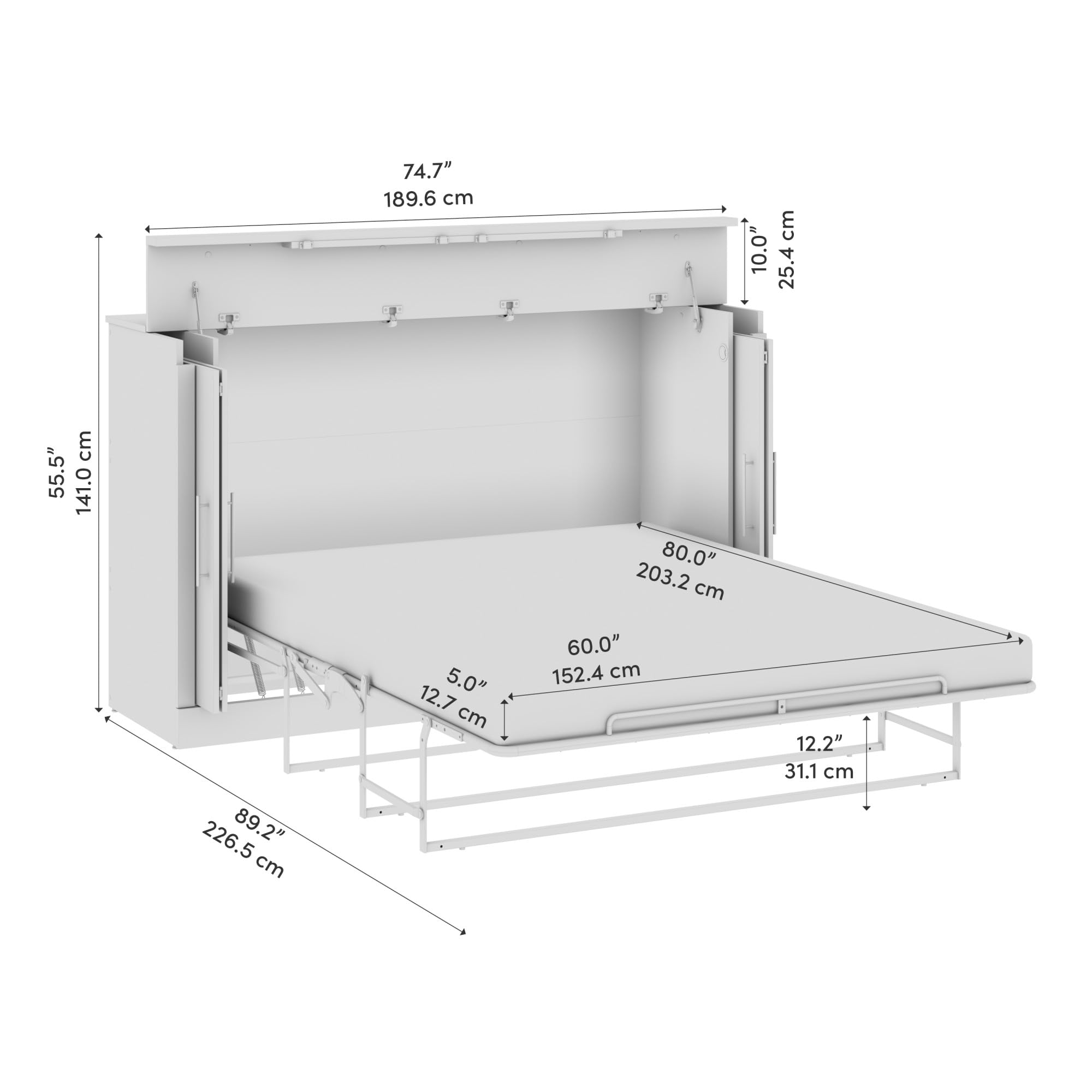 Bestar Nebula 75W Queen Size Murphy Cabinet Bed with Mattress in White, 75-inch Space-Saving Sleeping Arrangement for Multipurpose Guest Room or Home Office