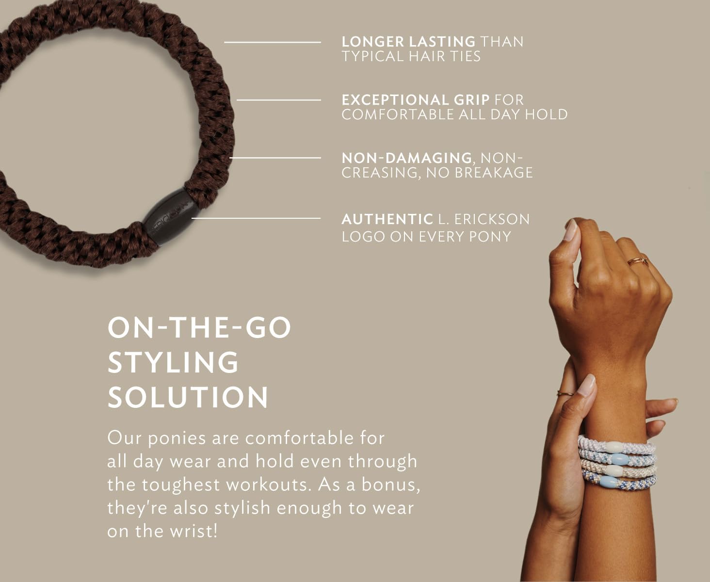 L. Erickson U.S.A. Hair Ties, Coffee Brown, 8 Count - Grab & Go Ponytail Holders - No Damage Hair Bands for Women - Hair Accessories