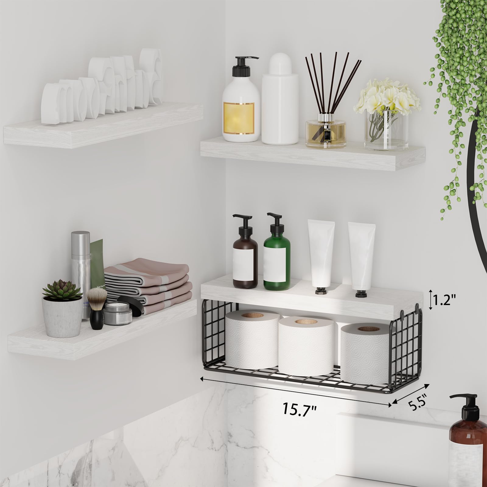 Fixwal Bathroom Floating Shelves, 4+1 Tier 15.7in Rustic Wood Wall Shelf Over Toilet with Invisible Brackets, Farmhouse Wall Decor (Gray)