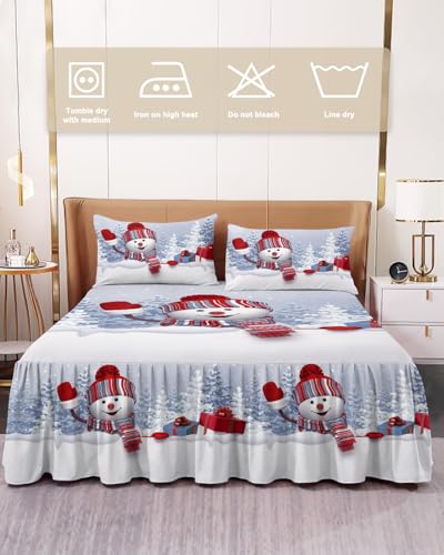 AMZRicher Winter Snowman Wrap Around Pleated Bed Skirts for Twin XL Bed 39x80, Decorative Dust Ruffle Bed Sheet & Bedskirt 18'' Drop Bedspread with Pillow Case 20x30 Christmas Forest Snowy Tree