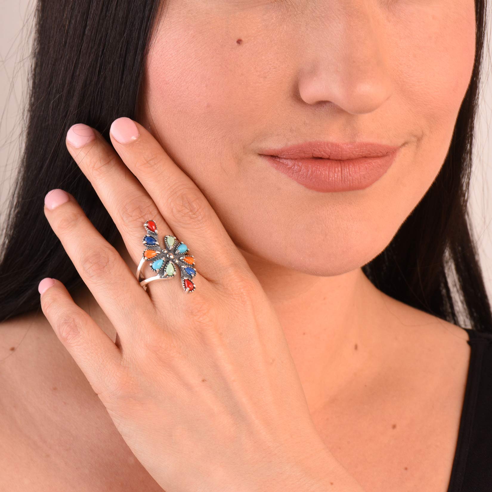 American West Ring Sterling Multi-Gemstone Cluster Fan Ring Sizes 9