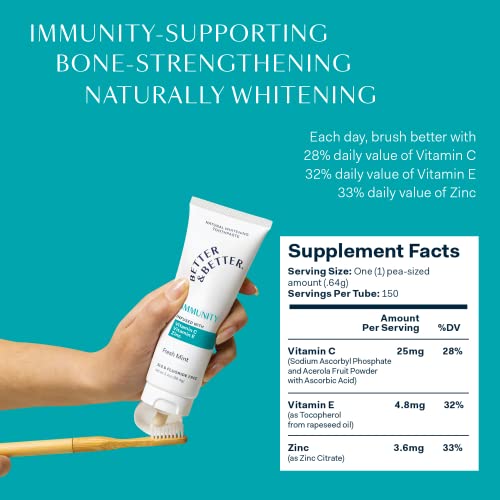 Better & Better Immunity Toothpaste with Vitamin C, E & Zinc | Fluoride Free, SLS Free Toothpaste 1CT | Freshens Bad Breath | Natural, Vegan, Whitening Toothpaste for Immune Support with Organic Mints
