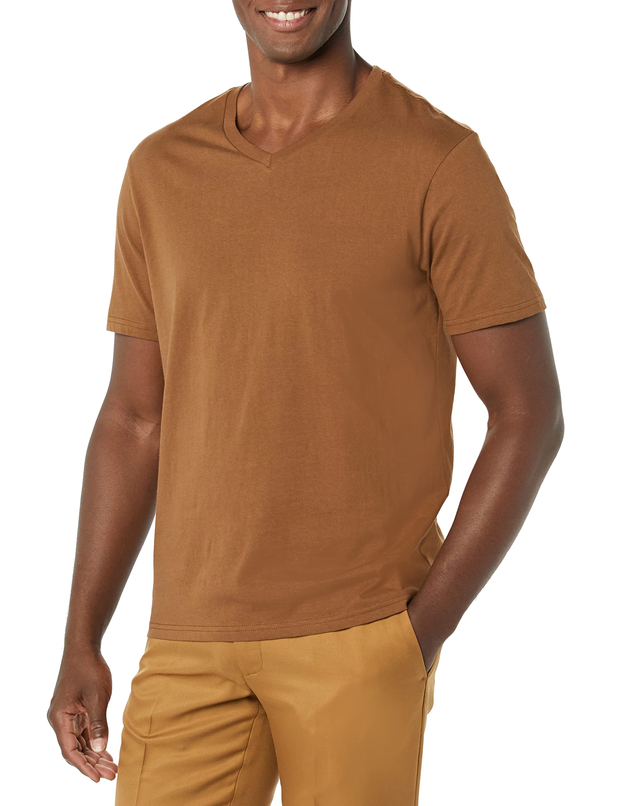 Amazon Essentials Men's Slim-Fit Short-Sleeve V-Neck T-Shirt, Pack of 2, Black/Brown, Large