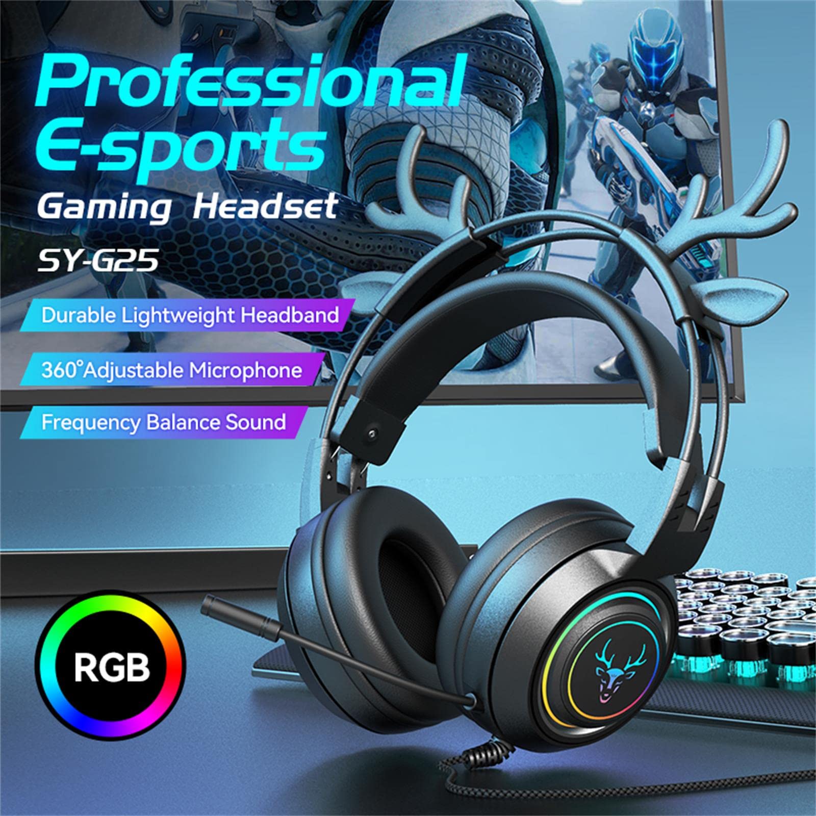 Atrasee RGB Gaming Headset Wired for PS4 PC PS5 Xbox One, Stereo Surround Sound Headphones with Noise Cancelling Microphone, Dynamic RGB Backlight, 50MM Drivers, Soft Earmuffs, 3.5mm Aux, Red
