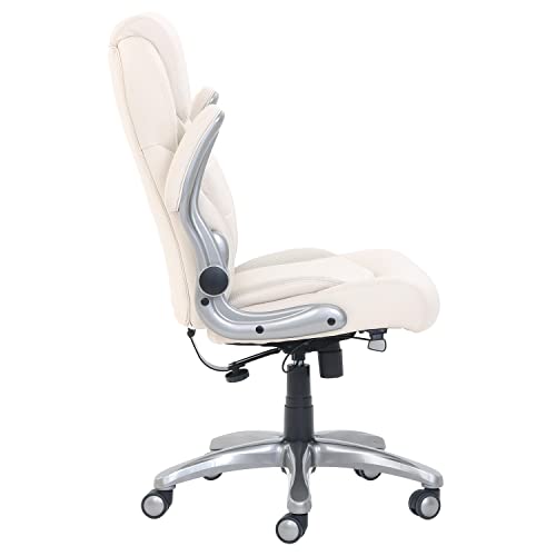 AmazonCommercial Ergonomic High-Back Bonded Leather Executive Chair with Flip-Up Arms and Lumbar Support, Cream