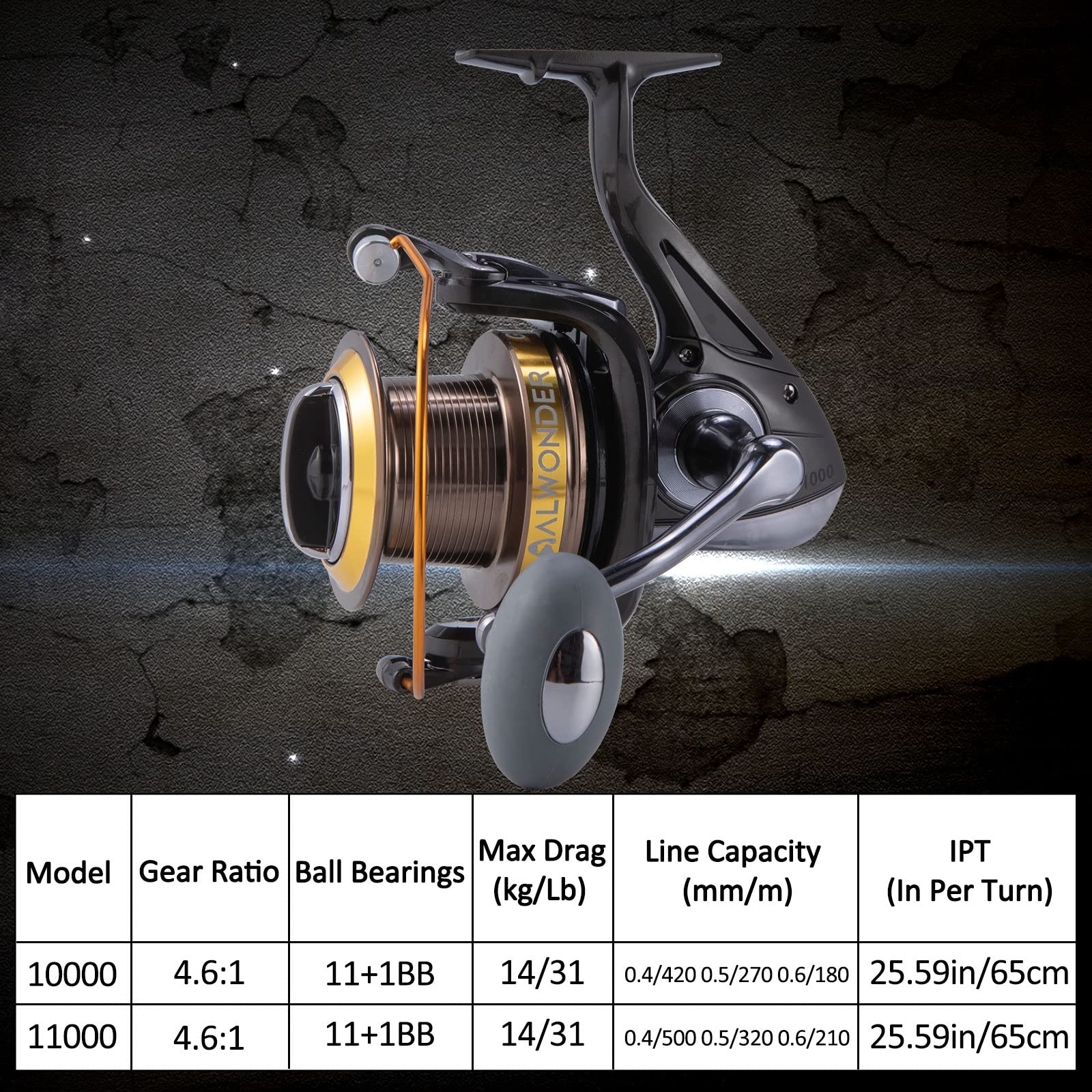 Alwonder Saltwater 10000 Spinning Reel for Surf Casting, 11+1 Stainless BB, 31 LB Drag, Graphite Body Long Casting Big Game Aluminum Spool Ocean Fishing Reel