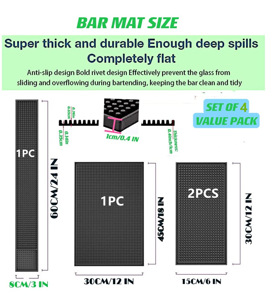 Bar Mat 4Pack IMIYOKU 0.4" Thick Durable Bar Mat for Spills Service Mat for Coffee Bars Restaurants and Counter Top Dish Drying Mat Glass Drying Mat (Black 1PC/18" x 12" +1PCS/23" x 3" +2PC/12" x 6")