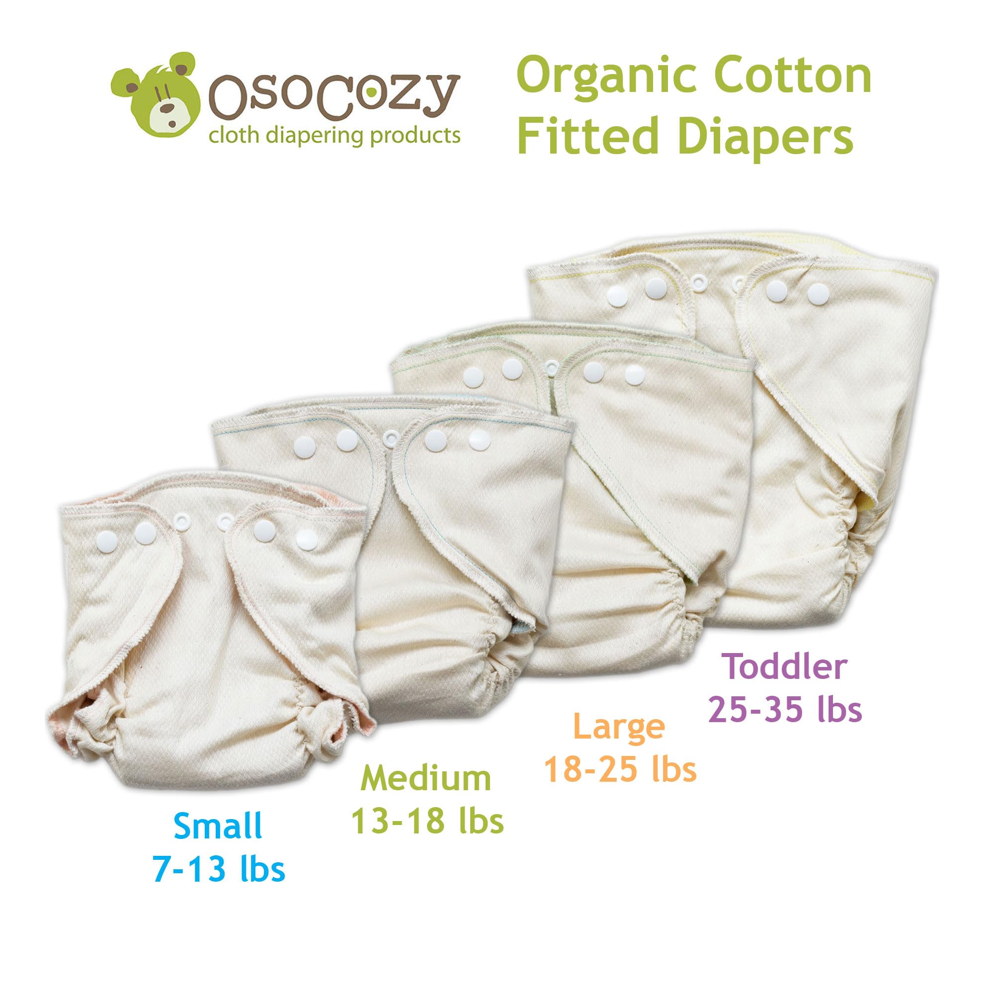Osocozy Fitted Organic Diaper, 100% GOTS Certified Organic Cotton Birdseye Weave Fabric. Soft and Absorbent. Easy Snap Closures. Sewn in The USA. (Size: Small 7-13 Lbs)