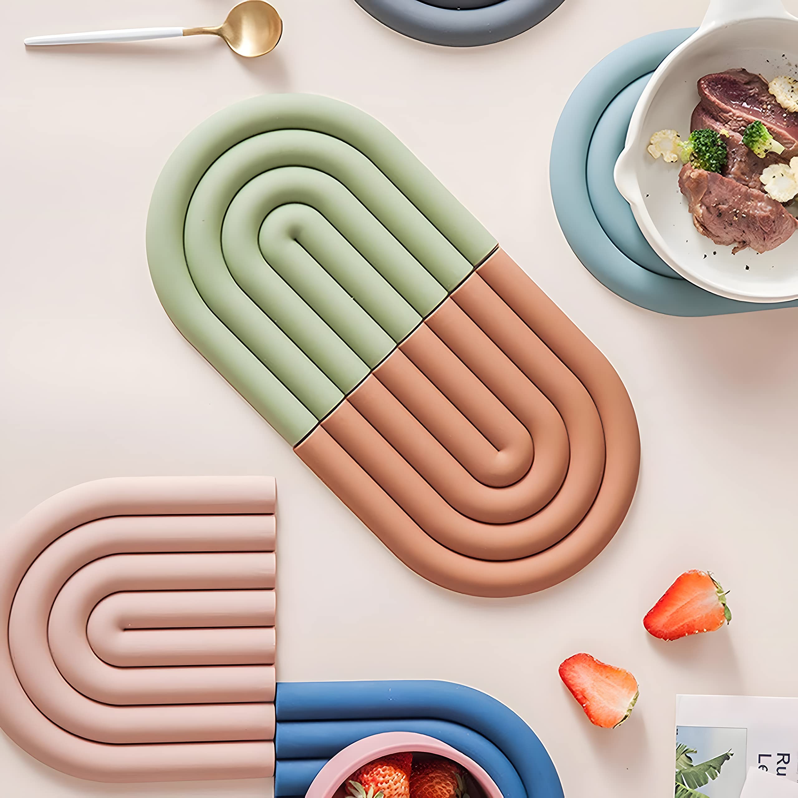 monomono Aesthetic & Colorful Silicone Trivets for Hot Pots and Pans, Pot Holders, Modern Heat Resistant Mats for Countertop, Hot Pads, Multi-Purpose Trivet Mat, Spoon Rest, Set of 2 (Muted Green)