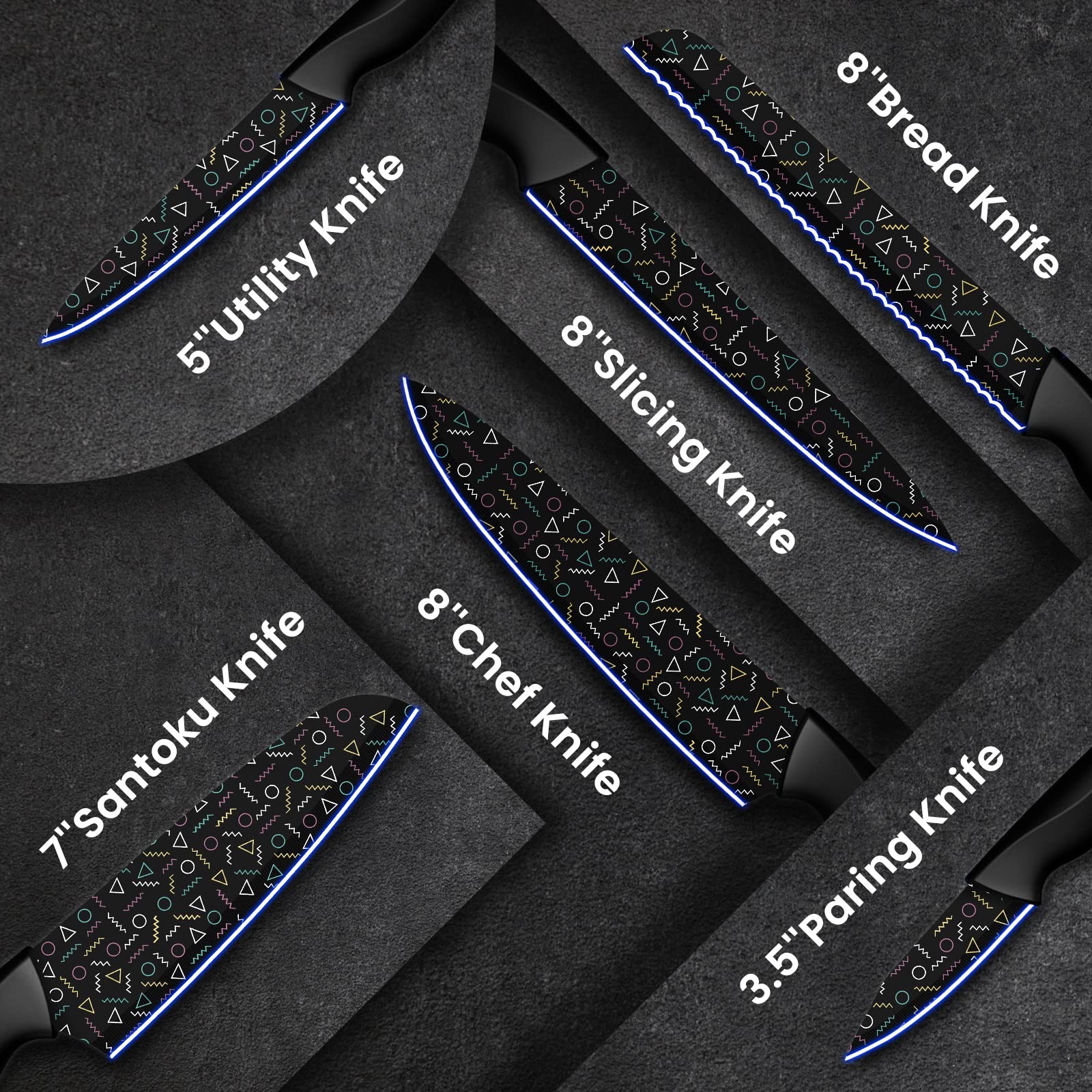 Astercook Knife Set, 12 Pcs Colorful Geometric Pattern Kitchen Knife Set, 6 Stainless Steel Kitchen Knives with 6 Blade Guards, Dishwasher Safe, Black