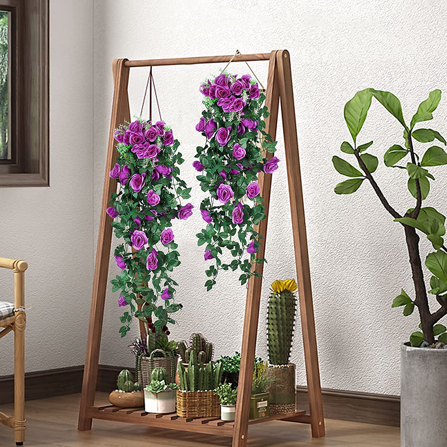 Haoyuetch 2PCS Artificial Rose Vine Flowers with Green Leaves,3Ft Hanging Rose Ivy Plants for Home Wedding Party Garden Wall Decoration (Purple)