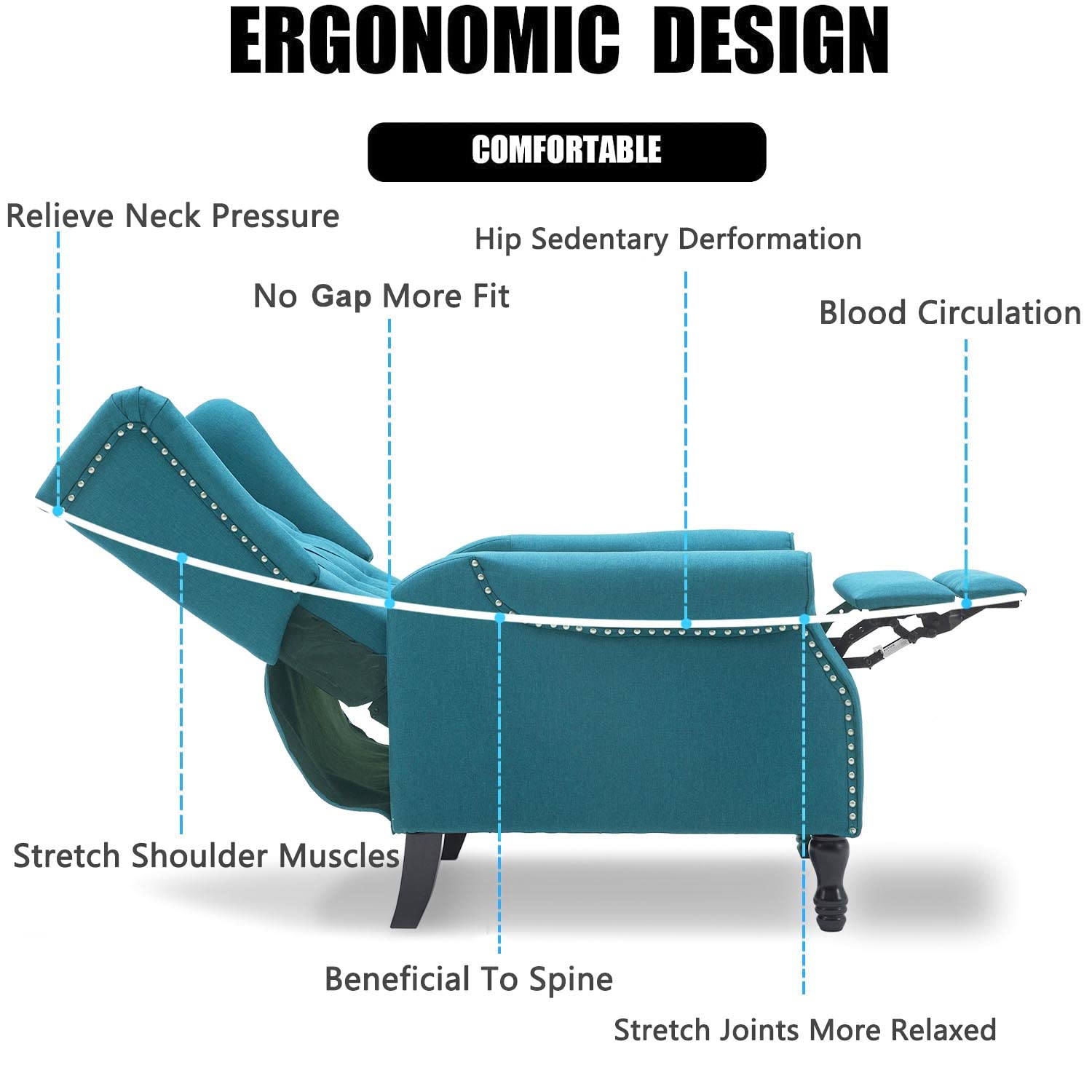 Altrobene Pushback Recliner Chair, Modern Accent Arm Chair, Fabric Wingback Chair for Living Room Bedroom, Blue