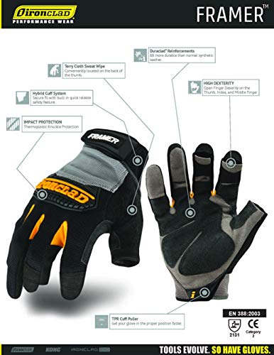Ironclad Framer; Carpenter Work Gloves, Open Finger Dexterity, Performance Fit, Durable, Machine Washable, (1 Pair), FUG-04-L,Grey/Black