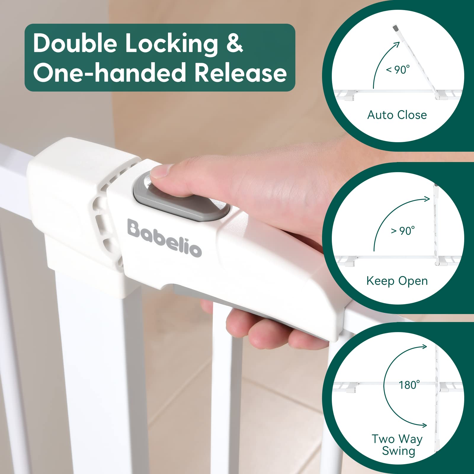 BABELIO 29-51 Inch Extra Wide Baby Gate Dog Gate, Metal Pet Gate for Stairs & Doorways, Pressure Mounted Walk Thru Child Gate with Door, NO Need Tools NO Drilling, with Wall Cups, White