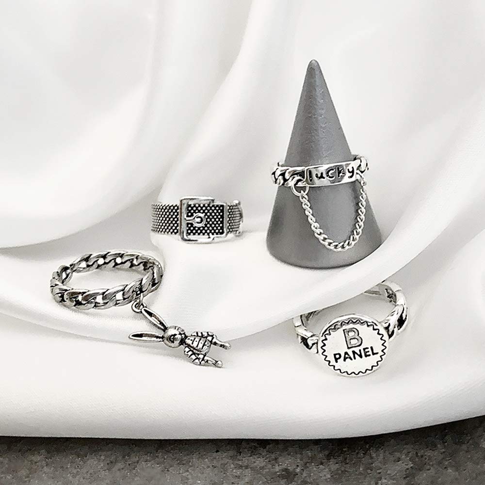 Adjustable Belt Buckle Rabbit Engraved Lucky B Chain Rings Set Silver For Women Goth Viking Kpop Punk Vintage Open Stackable Ring Set For Daughter Mom Jewelry