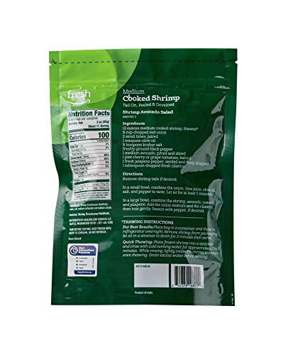 Amazon Fresh Brand, Cooked Medium Peeled & Deveined Tail On Shrimp, Frozen, Responsibly Sourced, Phosphate Free, 12 Oz, (41-50 Count/Pound),